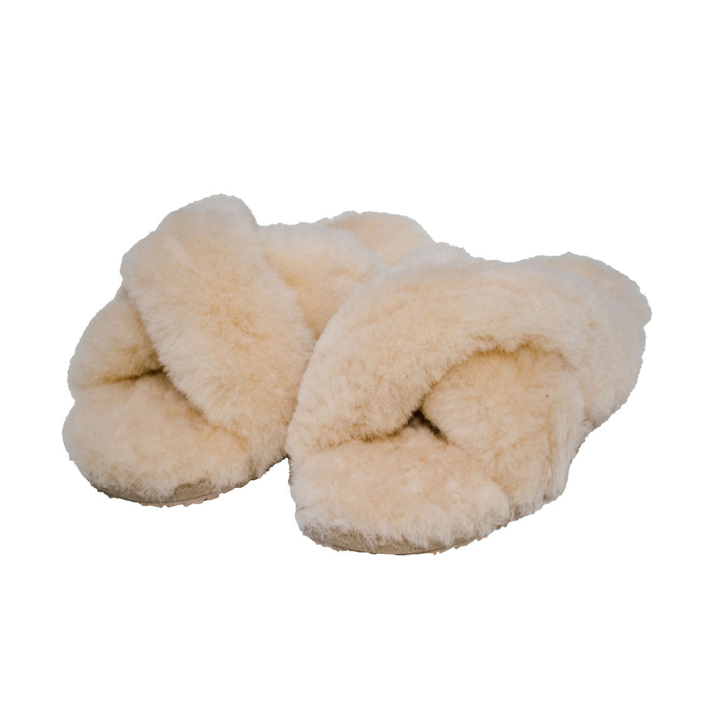 Ladies - Lola Sheepskin Cross Over Slider - Cream – Sheepskin World